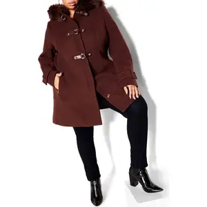City Chic Faux Fur Trimmed Coat - Chocolate