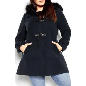City Chic Faux Fur Trimmed Coat - Navy