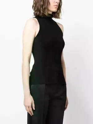 TWINSET Mock Neck Sleeveless Ribbed Top With Gold-tone Logo Plaque - Black