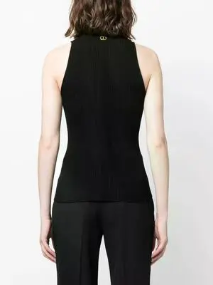 TWINSET Mock Neck Sleeveless Ribbed Top With Gold-tone Logo Plaque - Black
