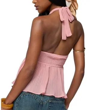 EDIKTED Pleated Chiffon Babydoll Halter Top