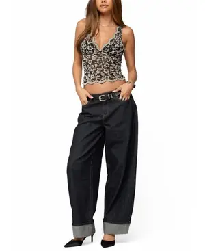 EDIKTED Araura Velvet Floral Sheer Top - Black-and-cream