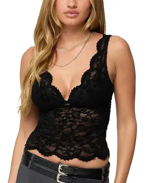 EDIKTED Araura Velvet Floral Sheer Top - Black