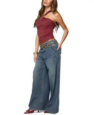 EDIKTED Cielle Wide Strap Gathered Top - Burgundy