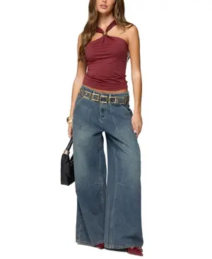 EDIKTED Cielle Wide Strap Gathered Top - Burgundy