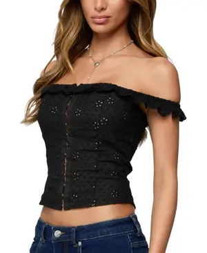 EDIKTED Eyelet Off-shoulder Top - Black