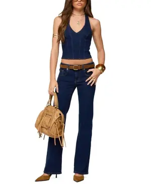 EDIKTED Contrast Stitch Denim Halter Top