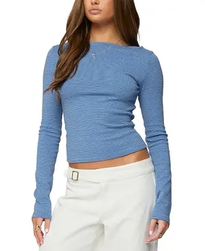 EDIKTED Striped Boat Neck Top - Blue-and-navy