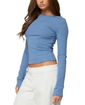 EDIKTED Striped Boat Neck Top - Blue-and-navy