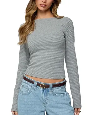 EDIKTED Striped Boat Neck Top - Gray-melange