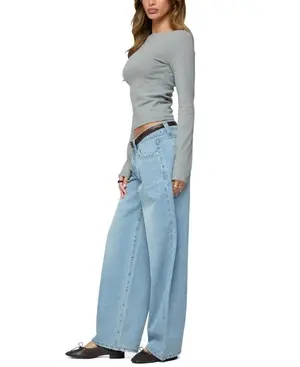 EDIKTED Striped Boat Neck Top - Gray-melange