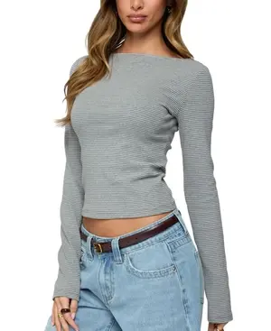 EDIKTED Striped Boat Neck Top - Gray-melange