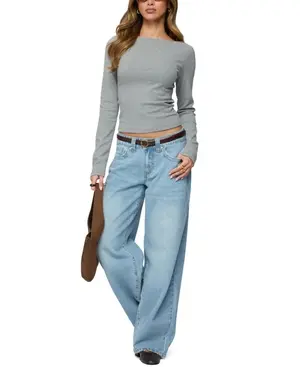 EDIKTED Striped Boat Neck Top - Gray-melange