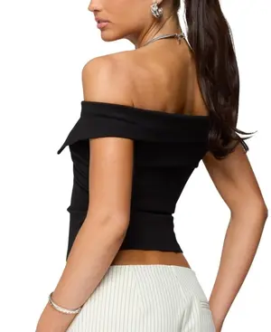 EDIKTED Collared Off-shoulder Zip-up Top