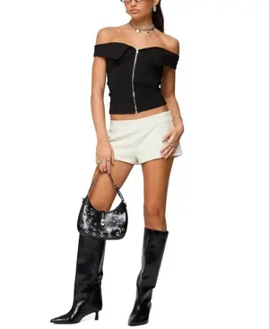EDIKTED Collared Off-shoulder Zip-up Top