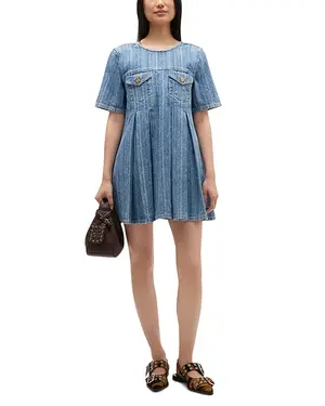 GANNI Striped Denim Pleated Dress - Mid Blue Stone