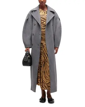 GANNI Button Front Oversized Pea Coat - Pewter