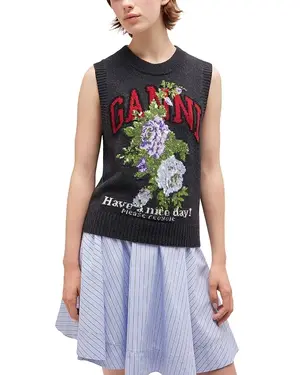 GANNI Graphic Rose Wool Blend Vest - Phantom