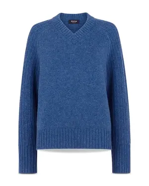 Whistles Wool Ribbed Sleeve V-neck Knit Sweater