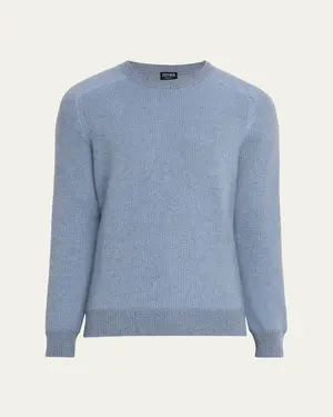 Zegna Cashmere Rib Saddle Crewneck Sweater - Blue