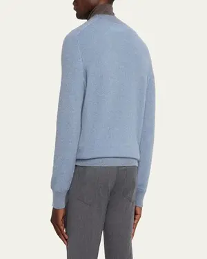 Zegna Cashmere Rib Saddle Crewneck Sweater - Blue