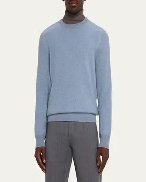 Zegna Cashmere Rib Saddle Crewneck Sweater - Blue