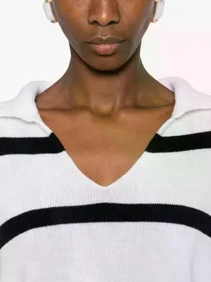 ALLUDE Striped V-neck Sweater - White