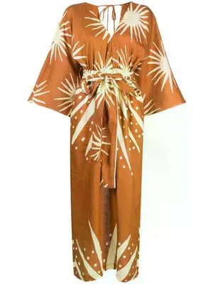 CALA DE LA CRUZ Graphic-print Linen Dress - Brown