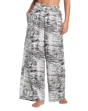 Red Carter Wide Leg Pants Swim Cover Up - Black Multi