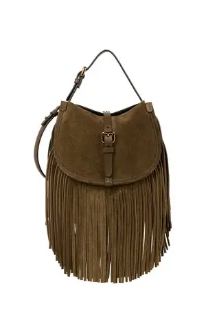 Etro Small Pony Suede Crossbody Bag With Fringe - Olive
