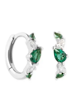 ASTRID & MIYU White Gold, Diamond, And Emerald Huggie Earrings - Silver
