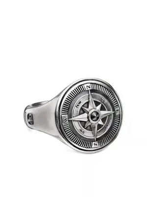 David Yurman Sterling Maritime Compass Black Diamond Signet Ring - Silver