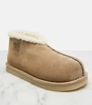 Miu Miu Shearling-lined Suede Ankle Boots - Beige