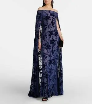 RODARTE Caped Off-shoulder Jacquard Maxi Dress - Blue