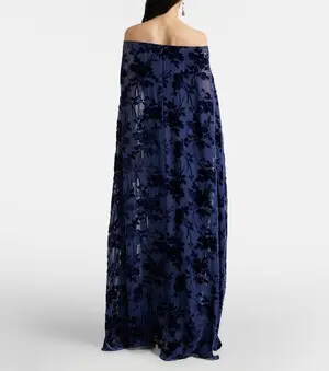 RODARTE Caped Off-shoulder Jacquard Maxi Dress - Blue