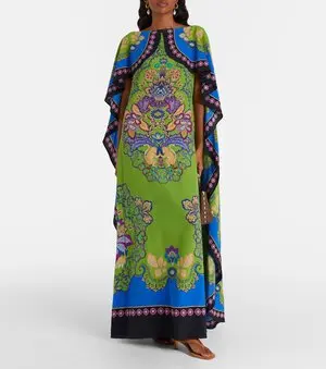 La DoubleJ Magic Printed Caped Silk Maxi Dress - Green