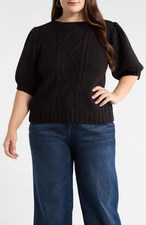 SUGARLIPS Puff Sleeve Cable Stitch Sweater - Black