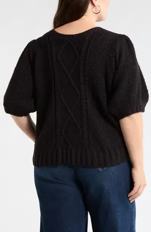 SUGARLIPS Puff Sleeve Cable Stitch Sweater - Black