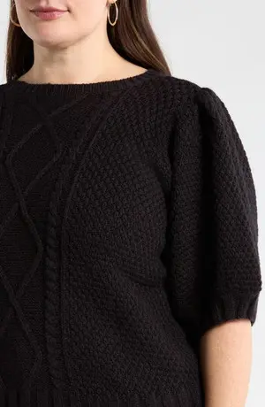 SUGARLIPS Puff Sleeve Cable Stitch Sweater - Black