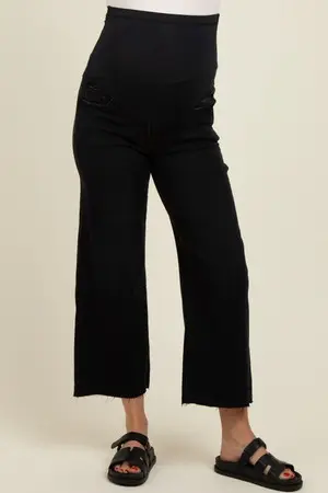 PINKBLUSH Raw Hem Cropped Wide Leg Maternity Jeans - Black