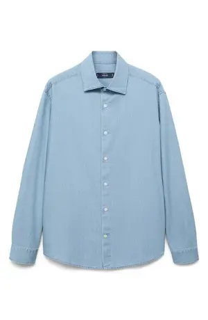 Mango Cotton Chambray Button-up Shirt - Light Blue