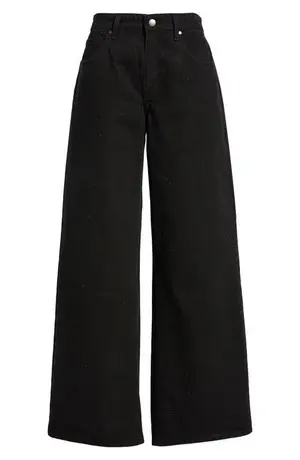 Mango Libra Embellished Wide Leg Jeans - Black Denim
