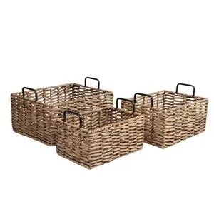 HAPPIMESS Handwoven Water Hyacinth Nesting Storage Baskets With Metal Handles - Brown