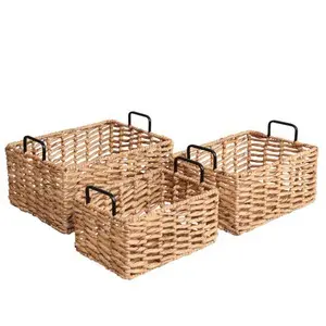 HAPPIMESS Handwoven Water Hyacinth Nesting Storage Baskets With Metal Handles - Natural