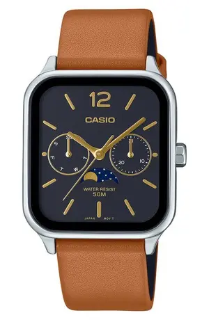 Casio Moonphase Leather Strap Watch - Brown