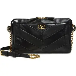 Valentino Garavani Small Panthea Chevron Patchwork Leather Shoulder Bag - Black