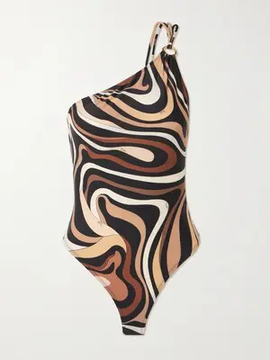 Emilio Pucci Marmo Embellished One-shoulder Printed Swimsuit - Brown