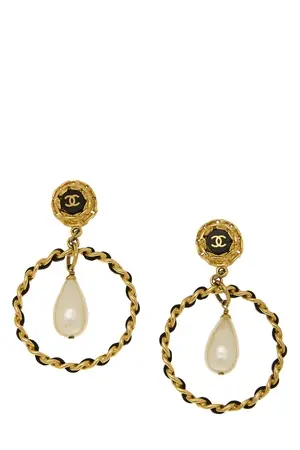 Chanel Faux Pearl Hoop Dangle Earrings - Black