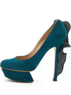 NICHOLAS KIRKWOOD Teal Suede Ruffled Platform Stiletto Pumps