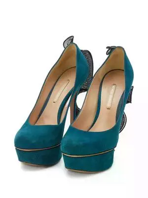 NICHOLAS KIRKWOOD Teal Suede Ruffled Platform Stiletto Pumps